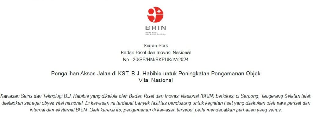 BRIN Klaim Penutupan Jalan Raya Serpong-Parung Guna Infrastruktur Riset ...